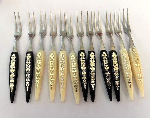 Vintage Mini Cocktail Forks 12 Stainless Steel Black/Ivory Celluloid ...