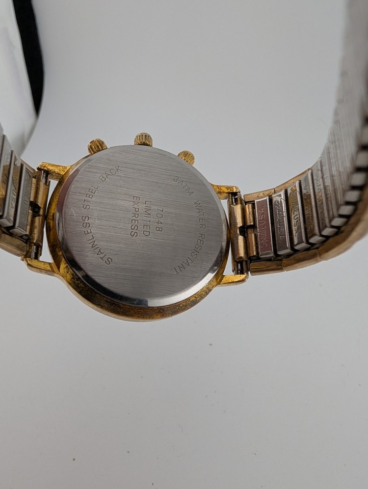 Vintage Limited Express Calendar Watch Men Moon Phase Gold Stretch Band ...