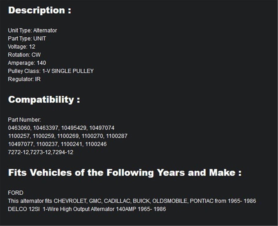 Alternator fits CHEVROLET, GMC, CADILLAC, BUICK, OLDSMOBILE, PONTIAC ...