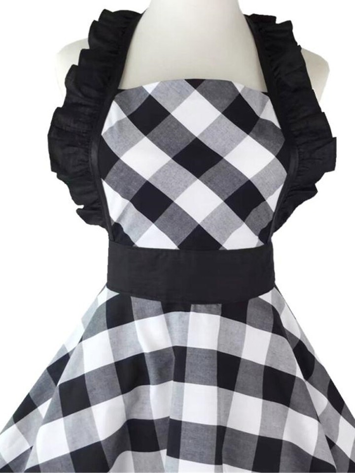 Women Lace Up Check Plaid Apron Halter Neck Ruffle Kitchen Cooking Chef ...