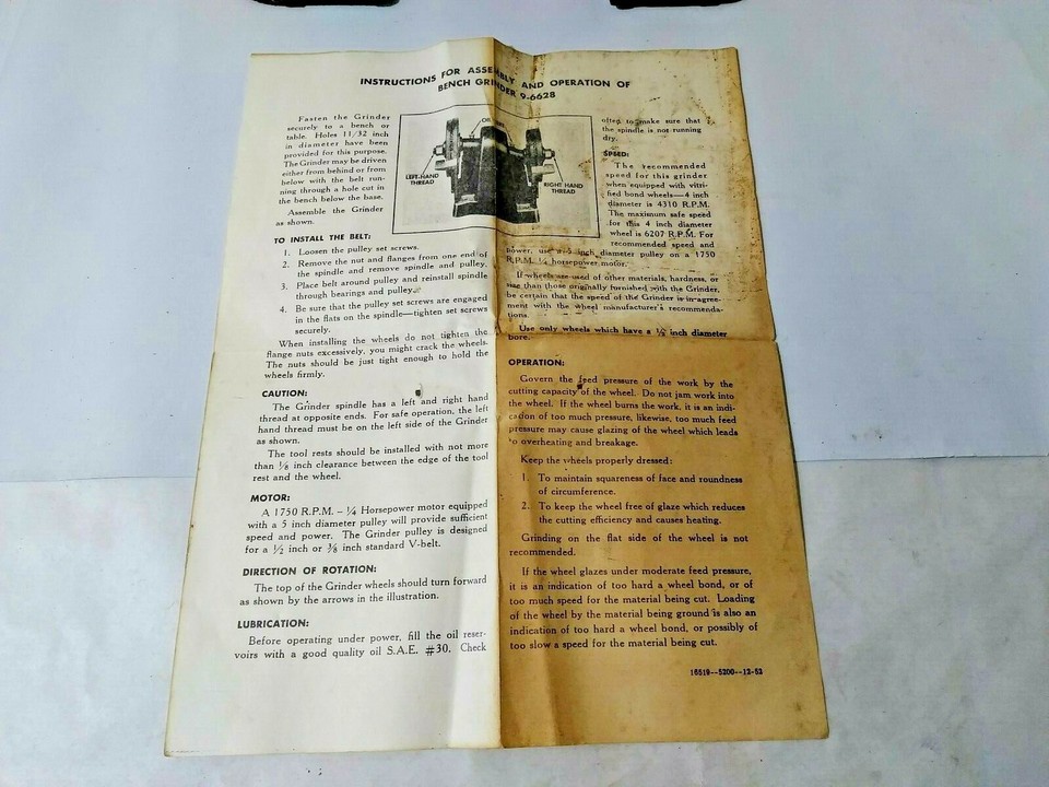 Sears Craftsman 4" 6628 Arbor Grinder Head Assembly Box Instructions ...