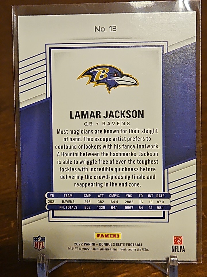 2022 Panini Donruss Elite Football Lamar Jackson Base Card No.13. BAL ...