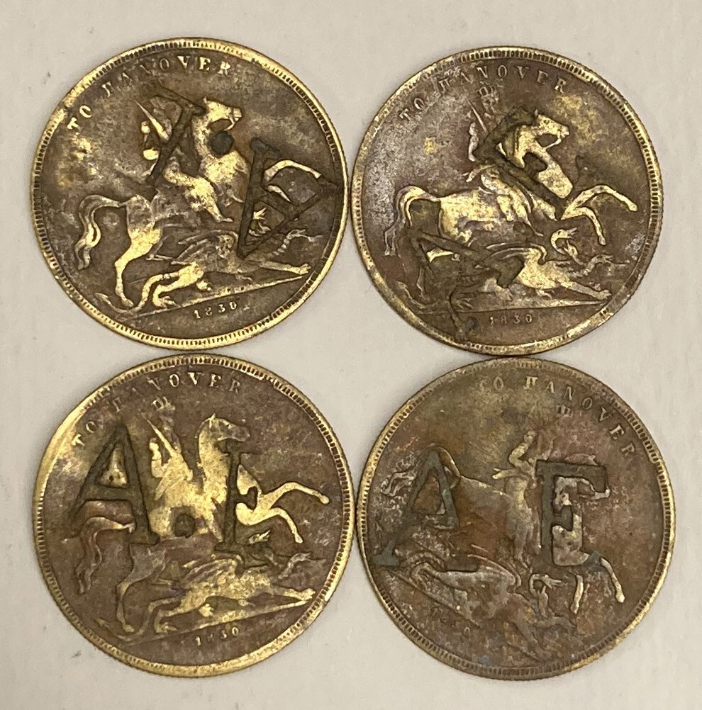 GREAT BRITAIN 1830 LOT x4 TO HANOVER COUNTERMARKED INITIALS "A. E ...