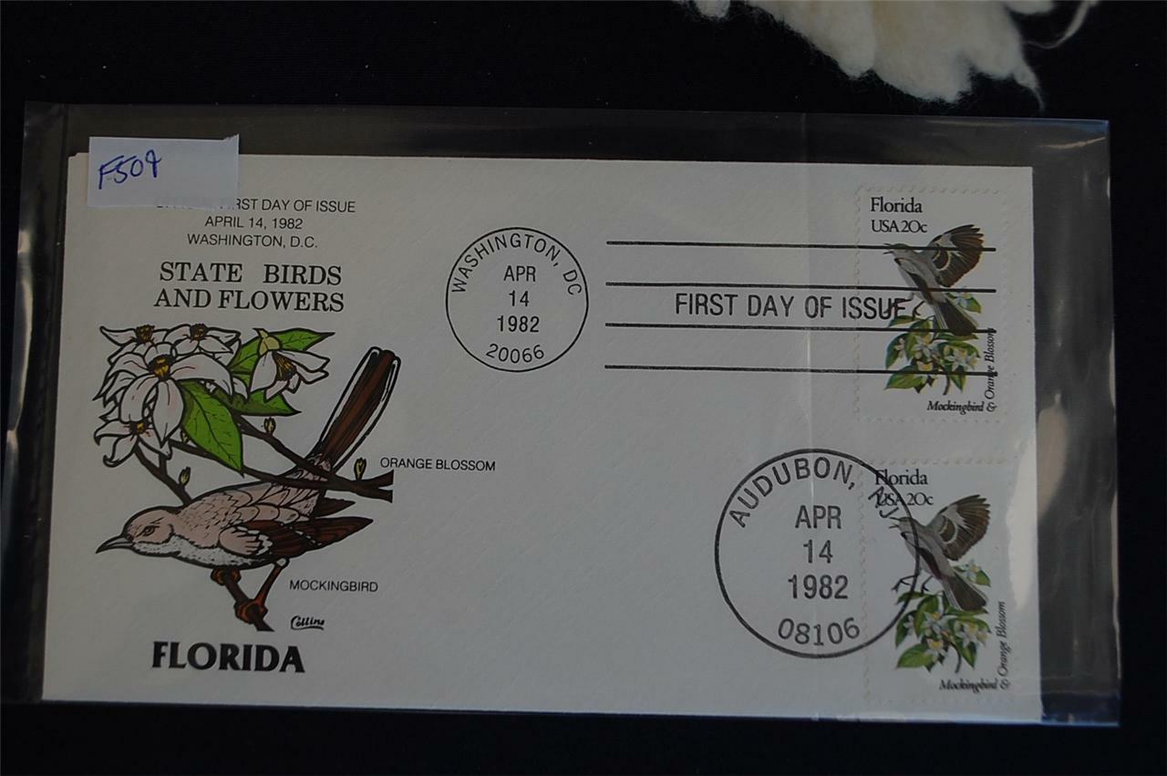 Birds & Flowers Florida Mockingbird 20c Stamp FDC HandPaint Collins# ...