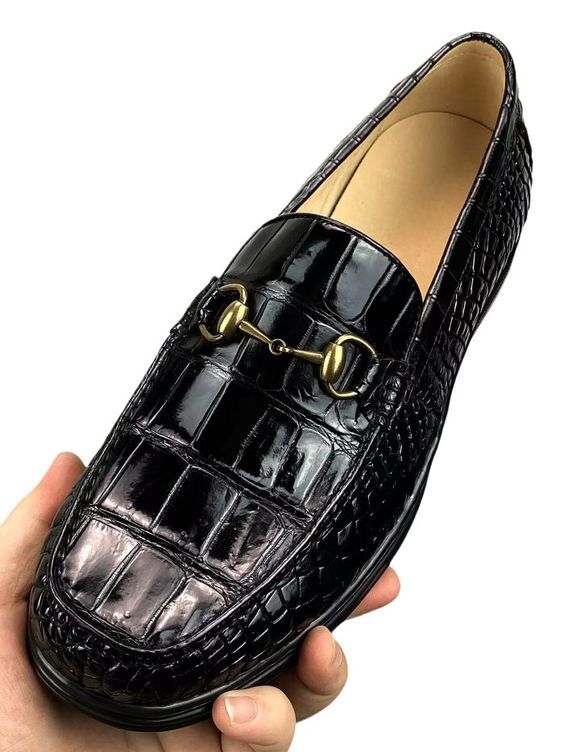 Handmade men crocodile textured leather peas shoes, black penny loafer ...