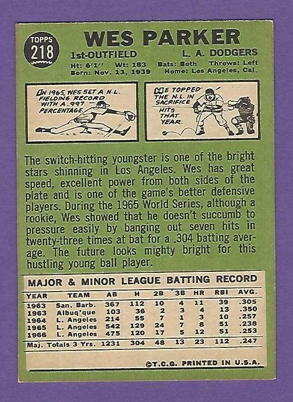 1967 Topps - #218 Wes Parker - Los Angeles Dodgers - ExMt+ | eBay