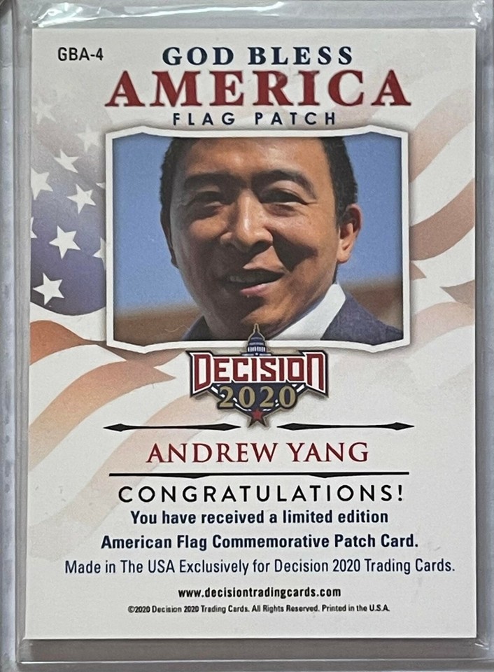 ANDREW YANG 2020 DECISION GOD BLESS AMERICA FLAG PATCH CARD PRESIDENTAL ...