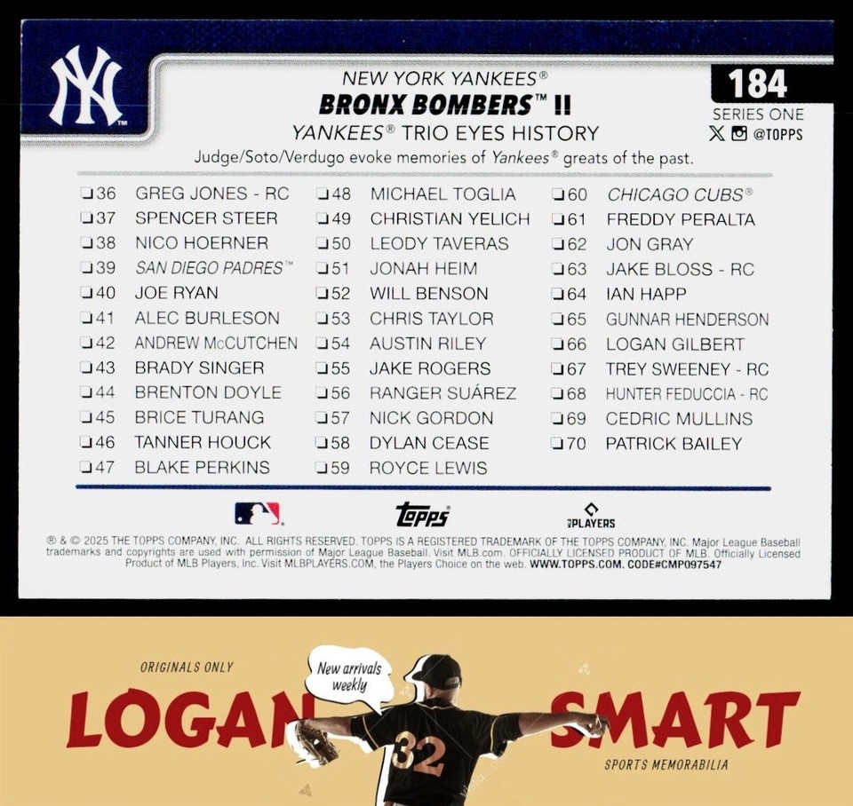 Bronx Bombers II: Yankees Trio Eyes History 2025 Topps #184 New York ...