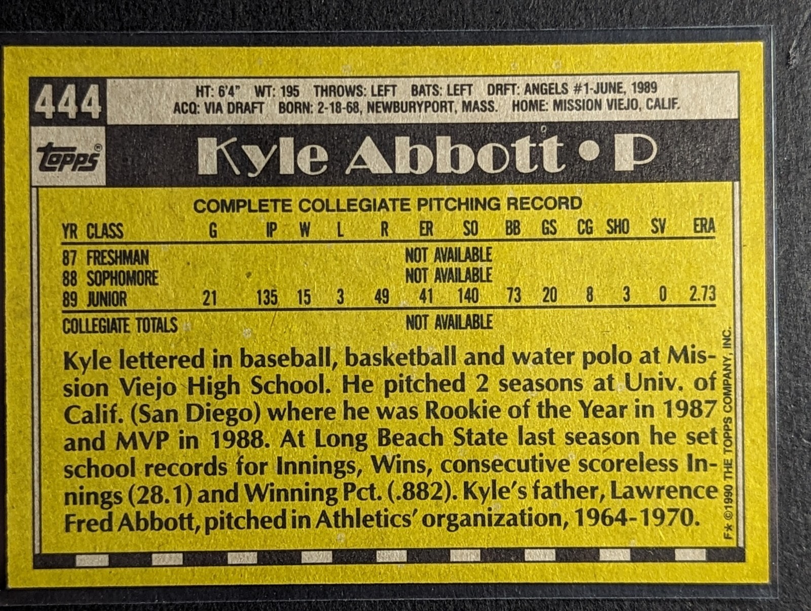 1990 Topps #1 Draft Pick #444 Kyle Abbott Los Angeles Angels | eBay