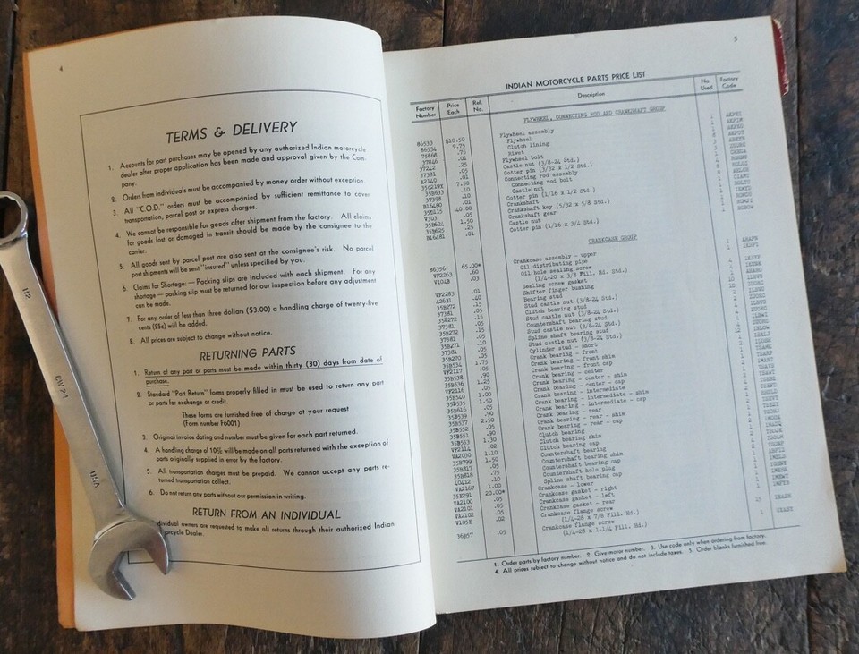 1941 INDIAN MOTORCYCLE ORIGINAL FACTORY MANUAL BOOK 441 FOUR 30.50 ...