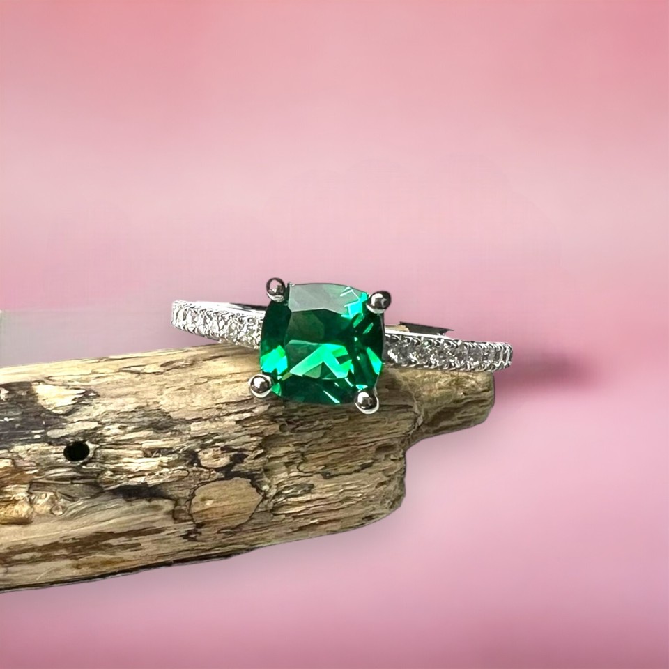 Lab Made Emerald Ring Solid 10K White Gold,, May Gem 20th Anniversary ...