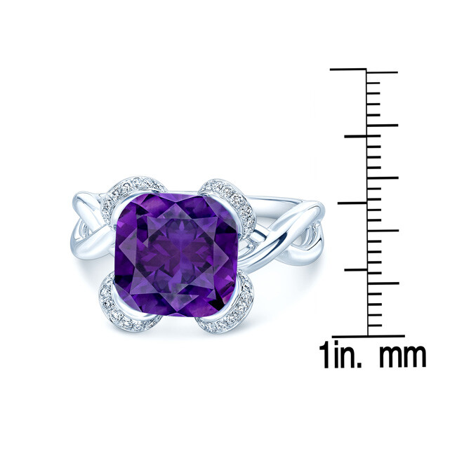 14k White Gold Cushion Cut Amethyst Diamond Flower Twist Cocktail Ring ...