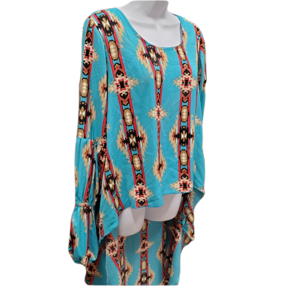 Turquoise Haven Women's Aztec Print Blouse Hi-Low Turquoise Western ...