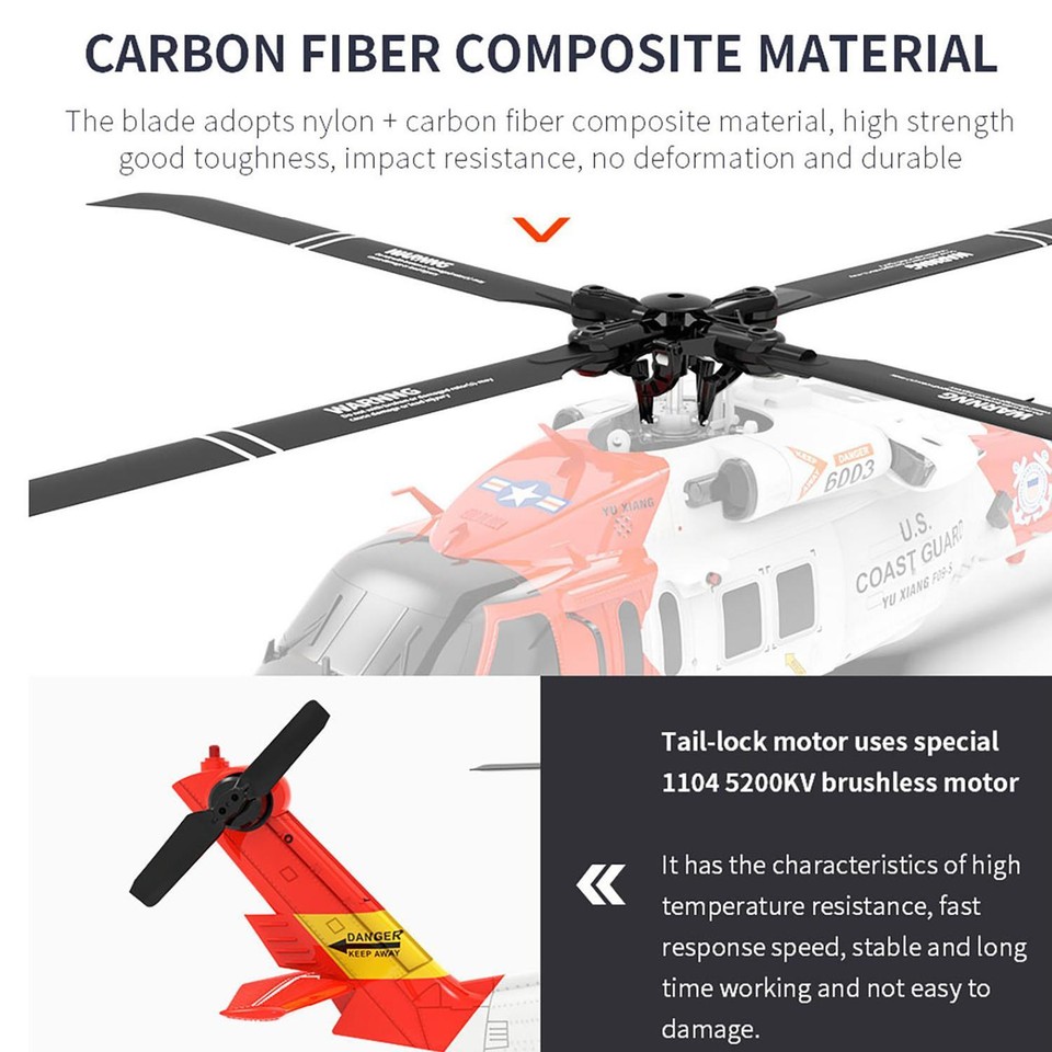 YXZNRC F09-S 1:47 RC Helicopter UH60 6CH Gyro GPS Lights Brushless ...