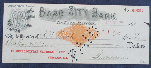 1901 DeKalb Illinois Barb City Bank Jacob Haish Barb Wire Bank Check ...