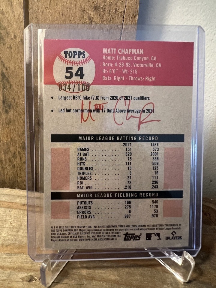2022 Topps Chrome Platinum MATT CHAPMAN FUCHSIA ATOMIC REFRACTOR 34/100 ...