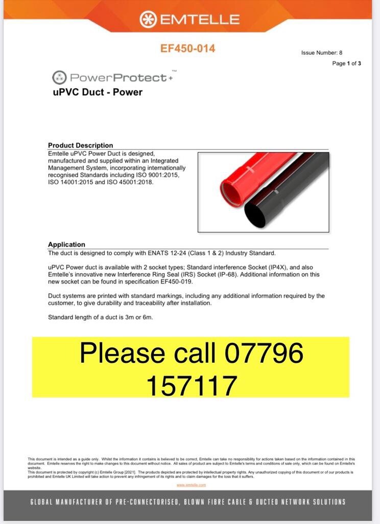 225mm C1 High Voltage Cable Ducting Emtelle 21274 Black Electric Pipe ...