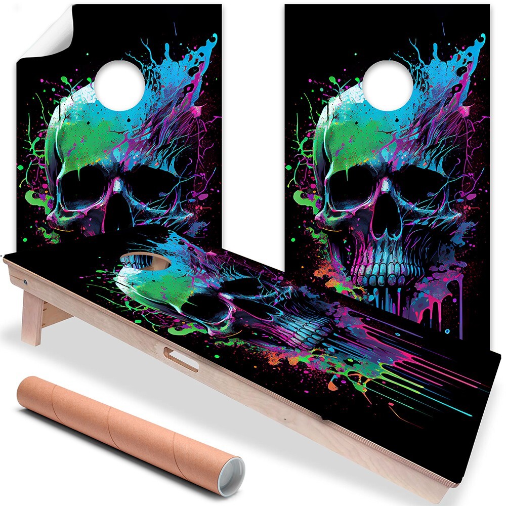 Neon Splatter Paint Skull Gothic Cornhole Board Wraps and Decals Vinyl ...