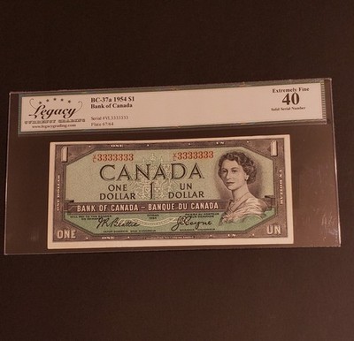 RARE SOLID SERIAL NUMBER 1954 Bank of Canada $1 Banknote. Legacy Graded ...