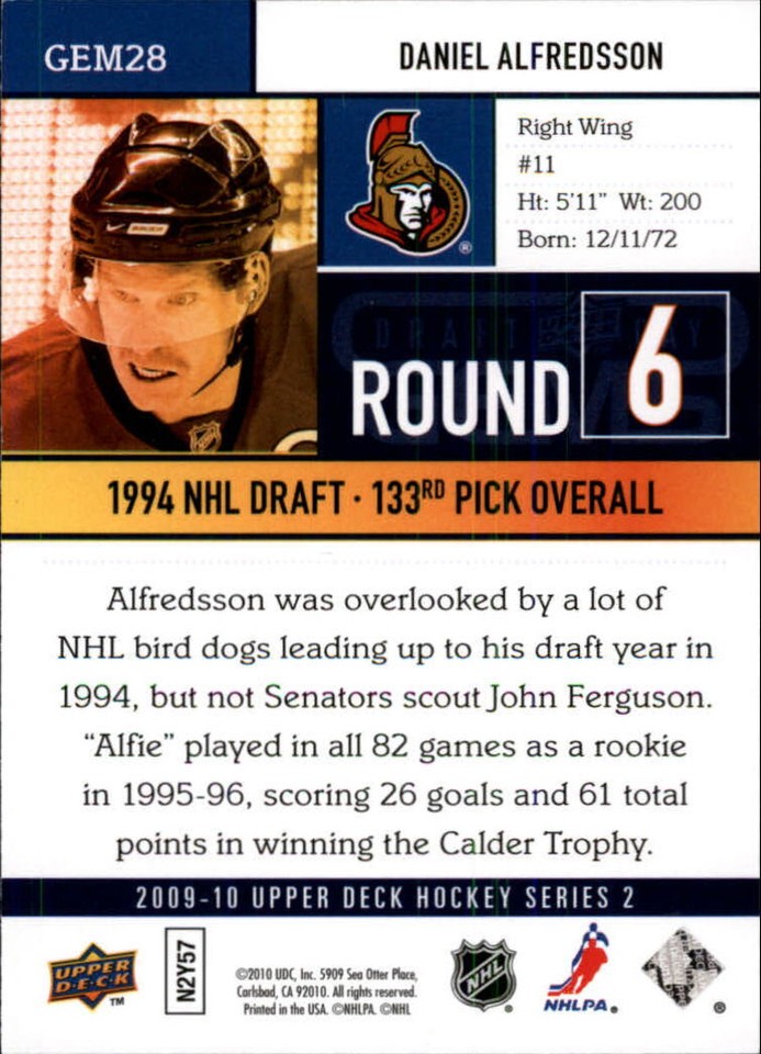2009-10 Upper Deck Draft Day Gems #GEM28 Daniel Alfredsson - NM-MT | eBay