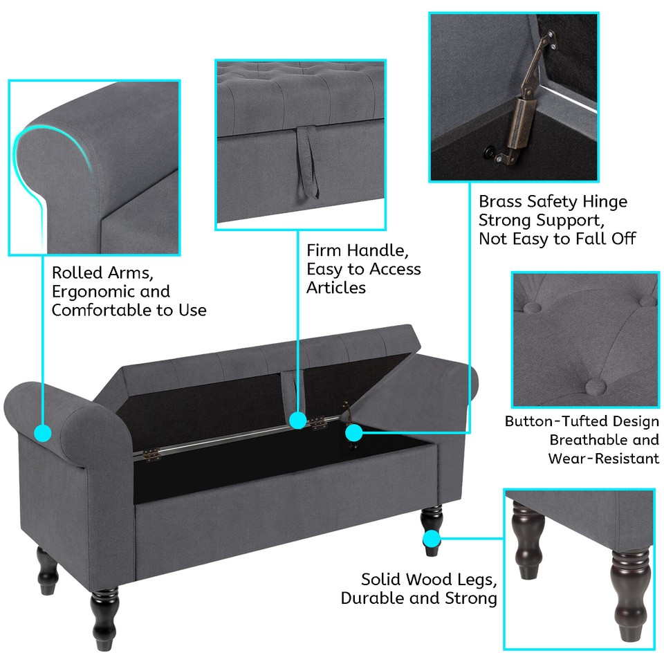 50in Storage Bench with Upholstered Rolled Arm Ottoman Bench Couch w ...
