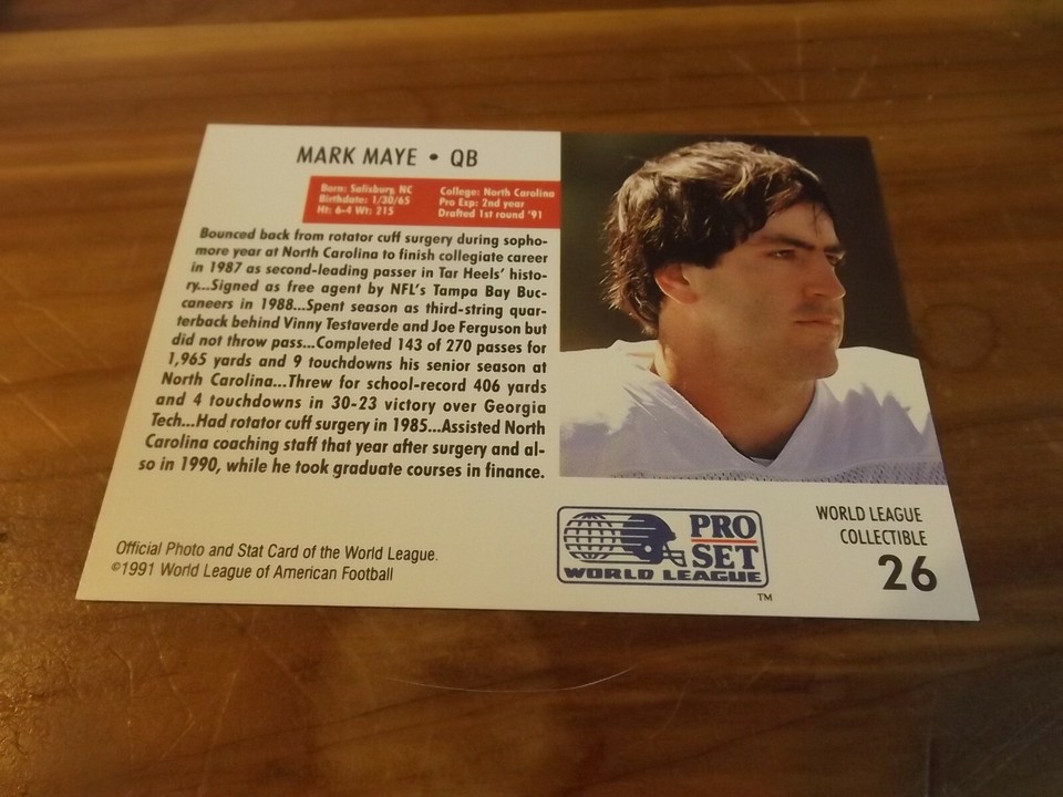 Mark Maye Raleigh-Durham Skyhawks World League Football 1991 Pro Set ...
