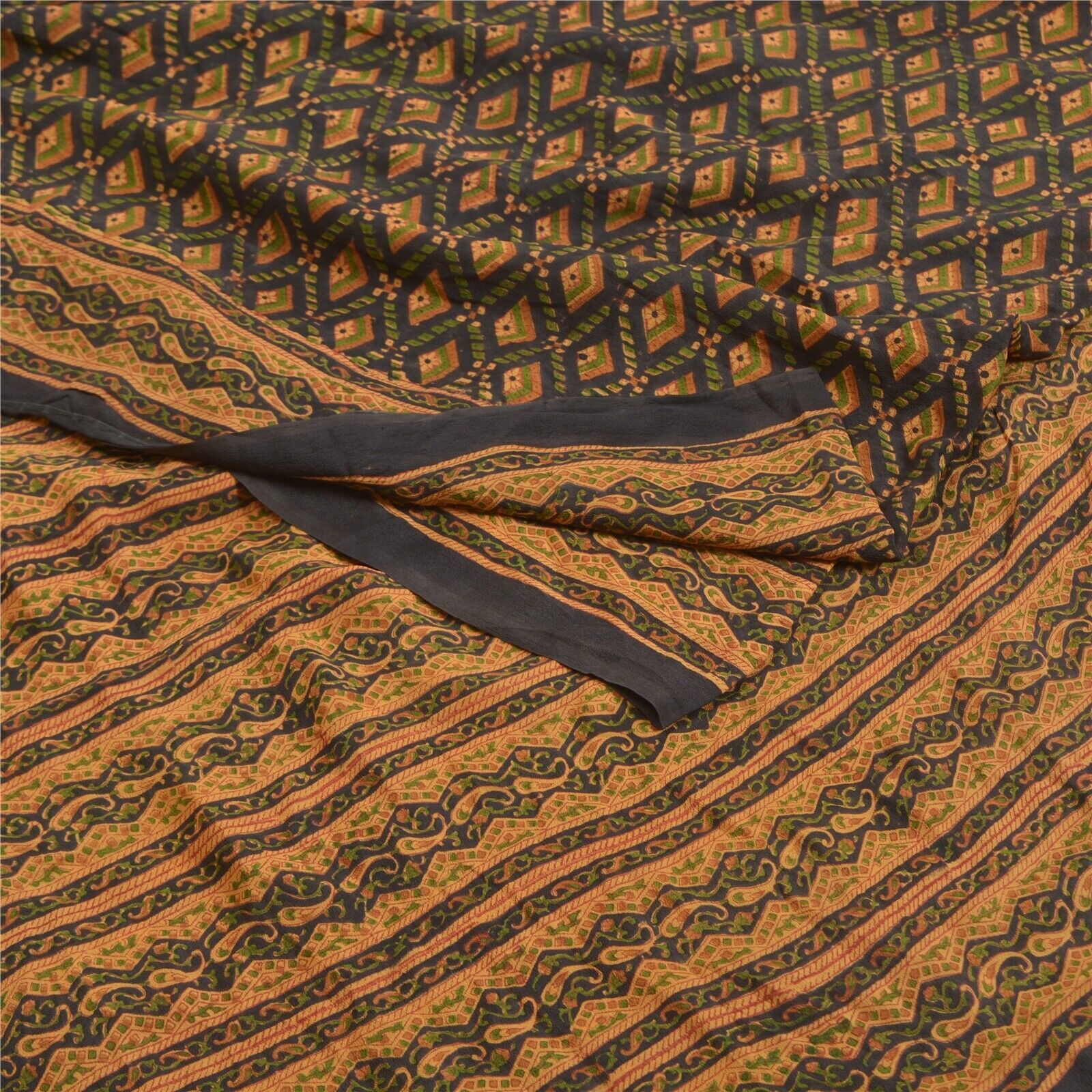 Sanskriti Vintage Sarees Black Indian Pure Crepe Silk Printed Sari ...