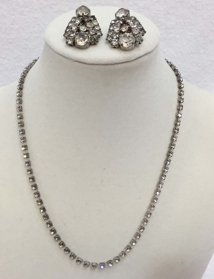 Necklace Rhinestone Strand Choker Collar & Clip On Earrings Lot 2 ...