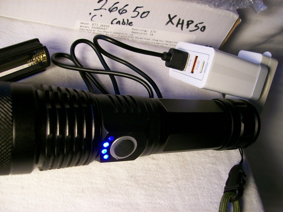 High Power XHP50 LED Flashlight, Complete w/26650 High Capacity Battery ...