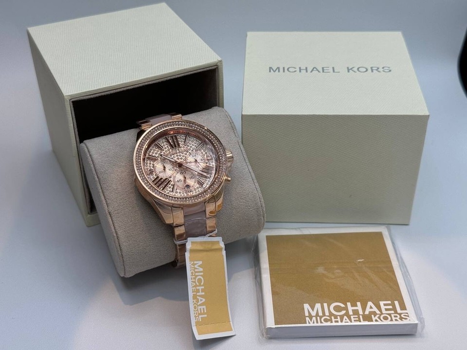 MICHAEL KORS MK6096 Wren Rose Gold Crystal Pave Dial Chronograph Women ...