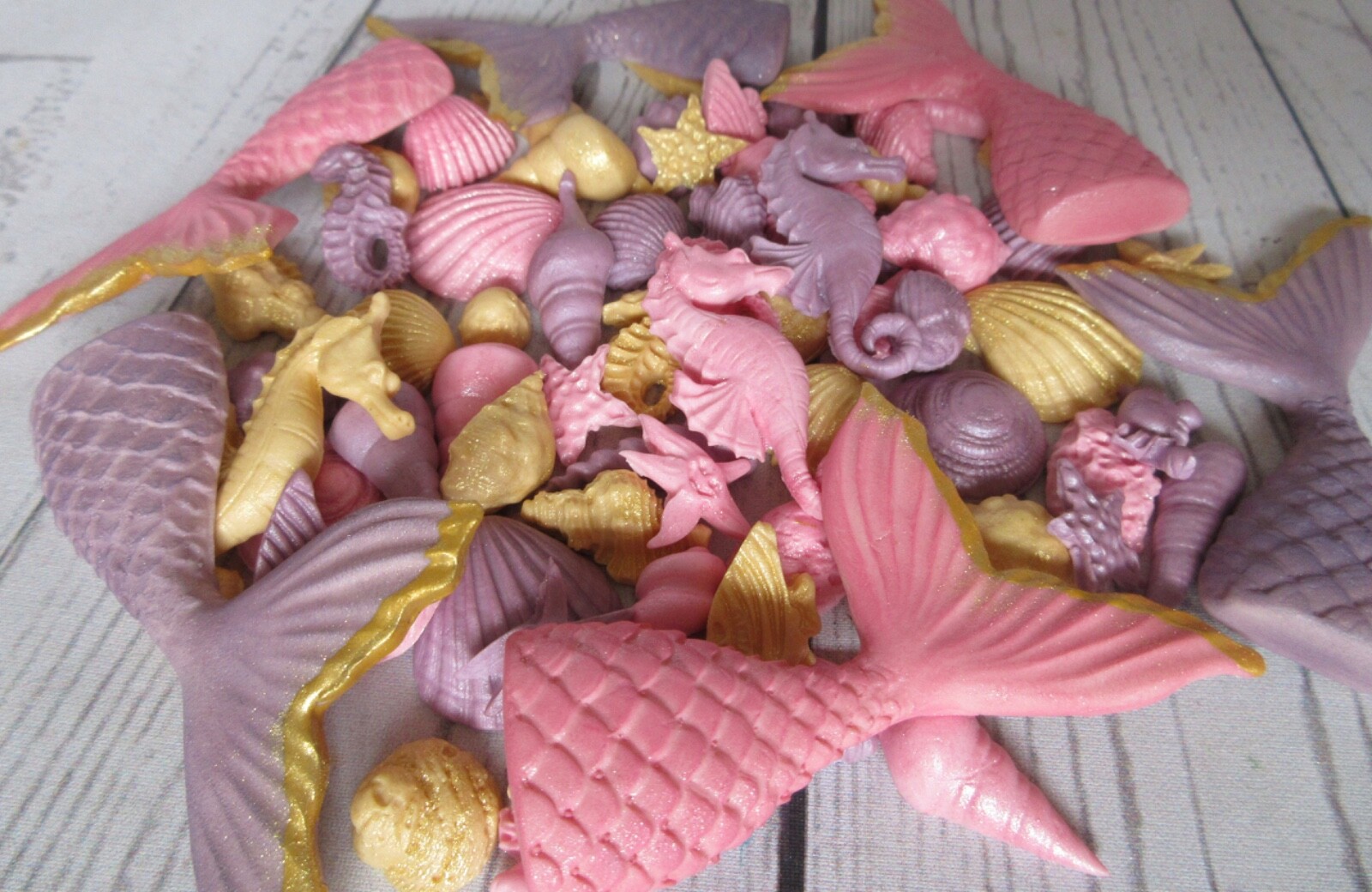 Mermaid cake topper. Fondant Seashells Mermaid Tails pink gold purple ...
