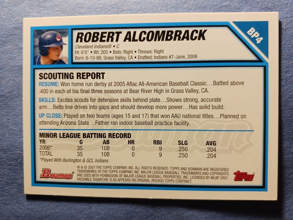 2007 Bowman #BP4 Robert Alcombrack Prospects 1st Bowman Card | eBay