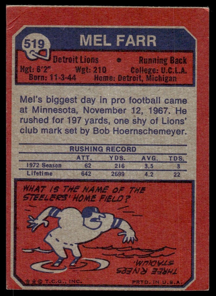 1973 TOPPS MEL FARR 2 DETROIT LIONS #519 | eBay