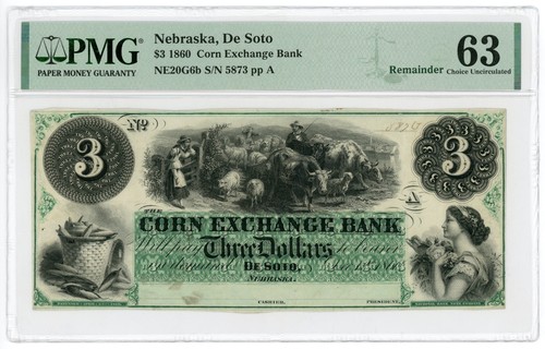 1860 $3 The Corn Exchange Bank - De Soto, NEBRASKA Note PMG CU 63 | eBay