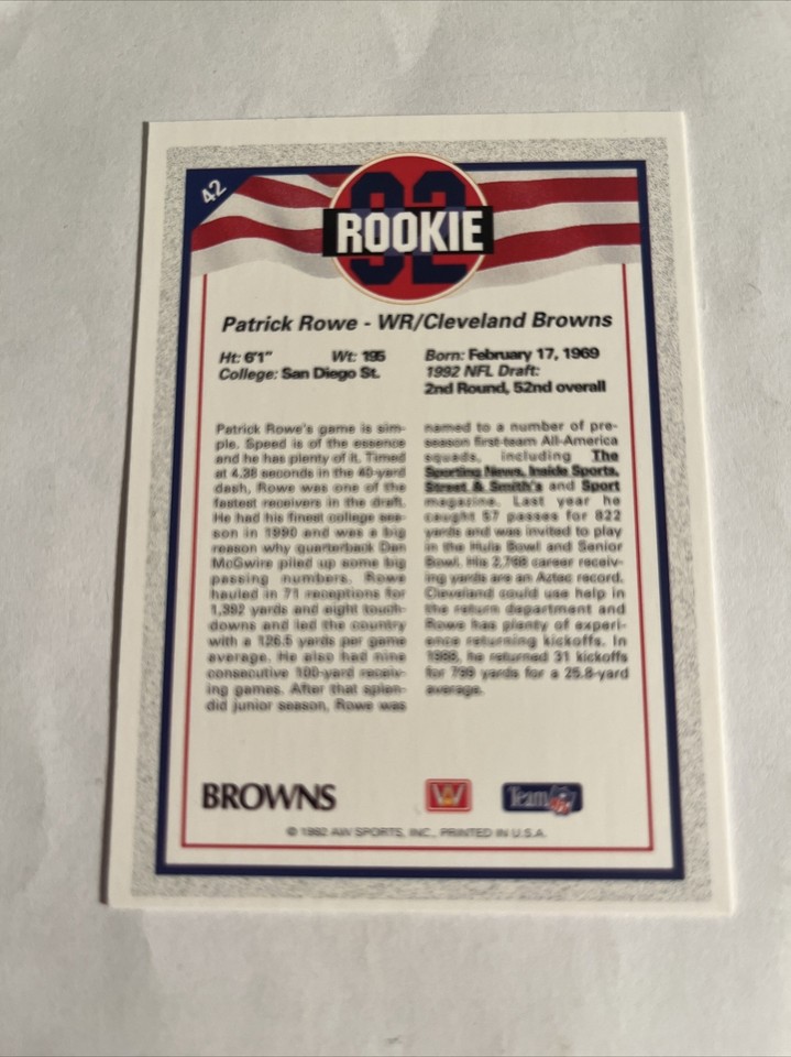 1992 All World Patrick Rowe RC Rookie #42 Cleveland Browns | eBay