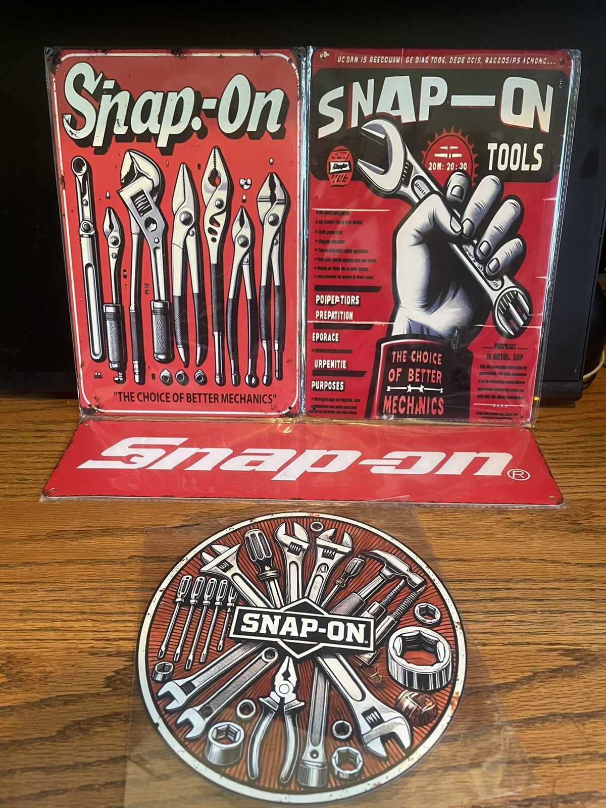 4-SNAP-ON TOOLS METAL SIGNS NIP 2-8x12/1-4x16-1x8”DIA. FOR MANCAVE/SHOP ...