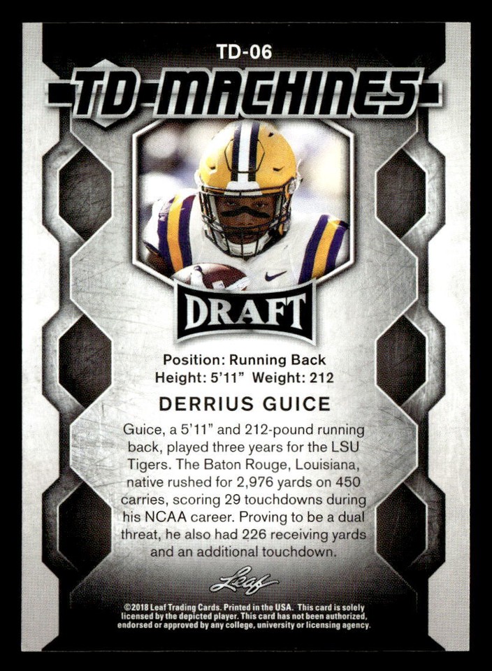 Derrius Guice 2018 Leaf Draft TD Machines Gold Card #TD-06 LSU Tigers ...