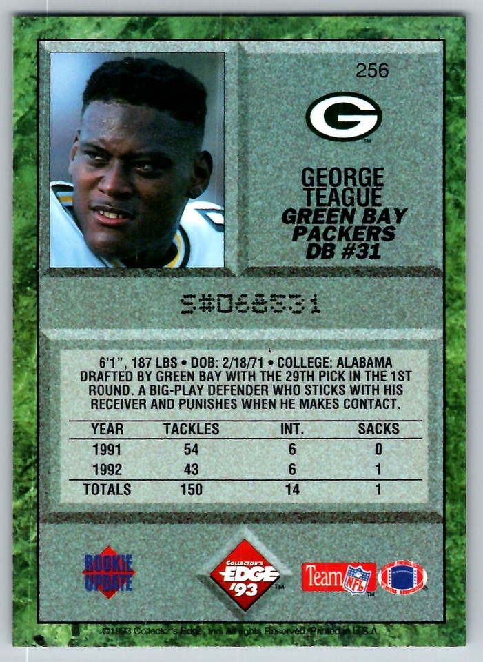 1993 COLLECTOR'S EDGE GEORGE TEAGUE RC /100000 GREEN BAY PACKERS #256 ...