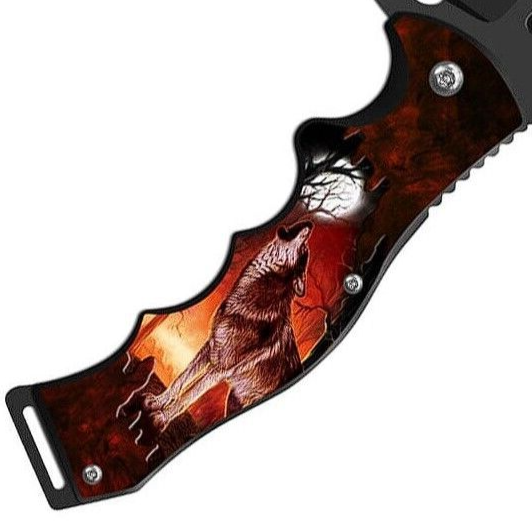 8.5" Tactical Wolf Howling Spring Assisted Pocket Knife Cleaver Blade ...