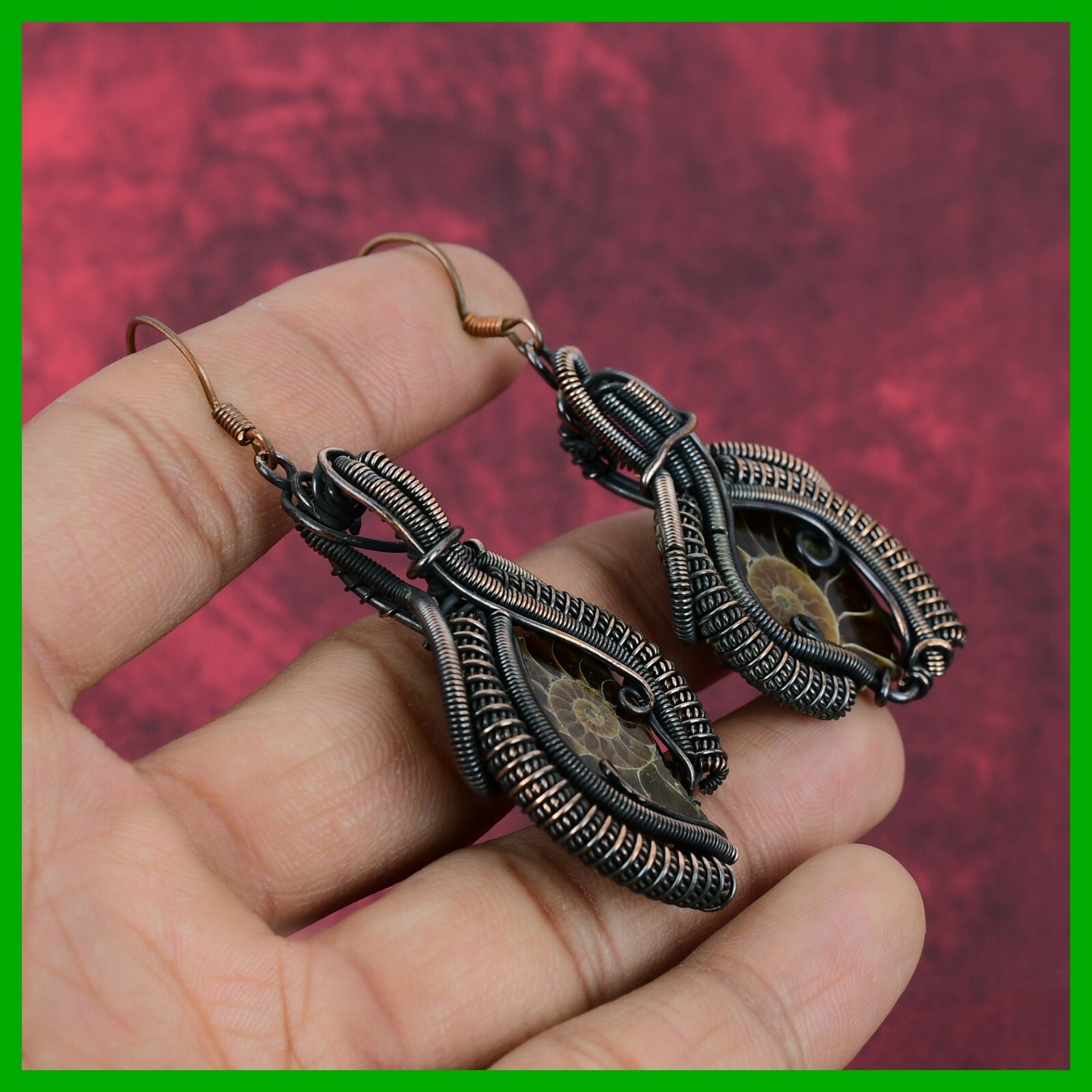 Natural Ammonite Fossil Wire Wrapped Dangle Drop Hook Earrings Jewelry ...