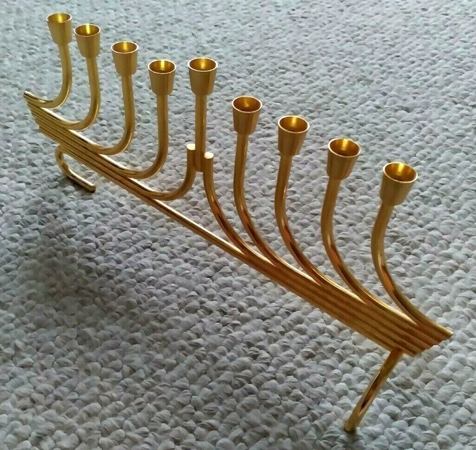 9 Arm Jewish Menorah Hanukkah, Marked 24k Gold Plated, Candelabra ...