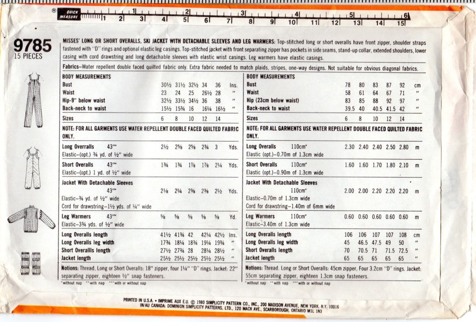 UNCUT Simplicity Pattern 9785 "Misses' Long/Short Overalls, Ski Jacket ...