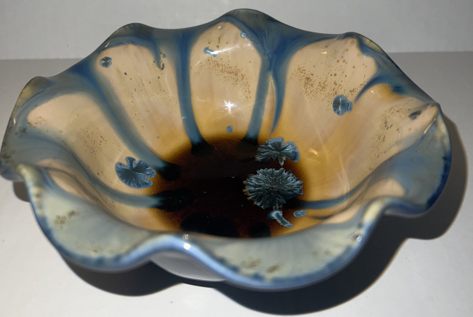 EDGECOMB Pottery Maine Teal Blue Yellow Floral Fluted Edge Drip Glaze ...