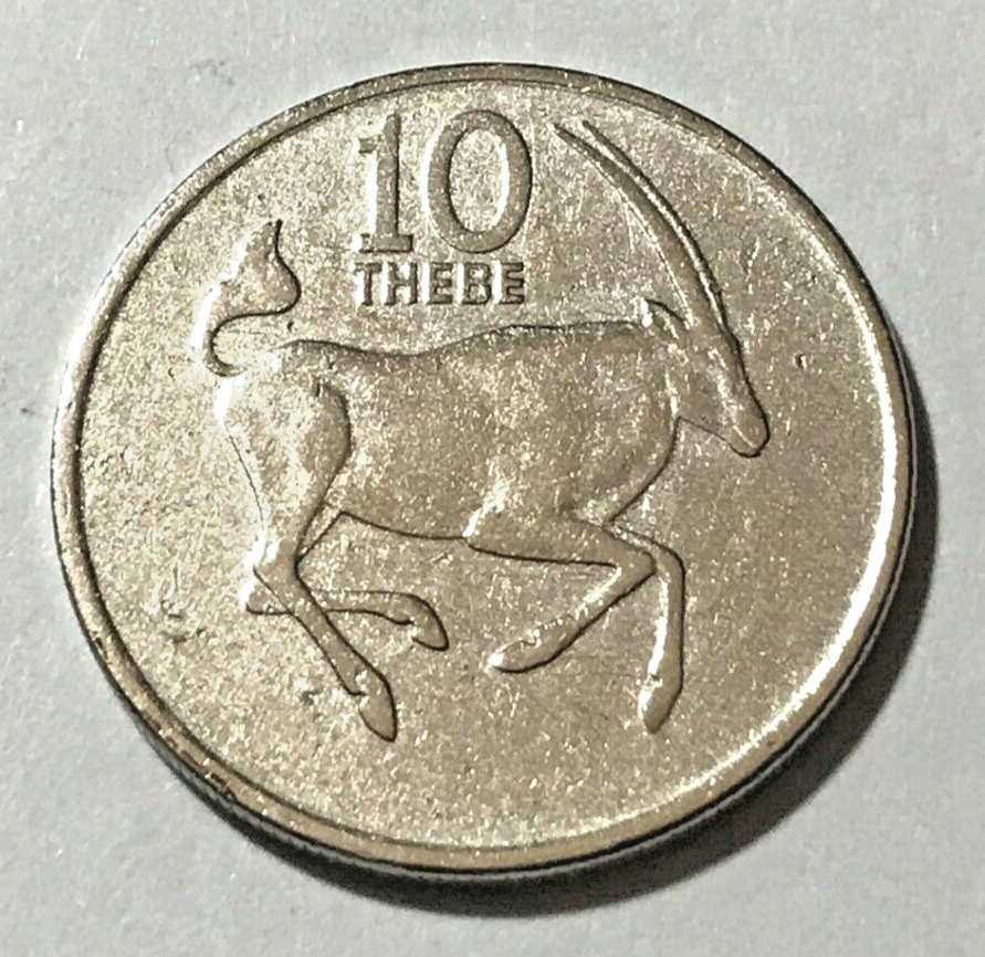 1991 Botswana 10 thebe Coin African Gemsbuck Oryx Gazelle Deer Animal ...