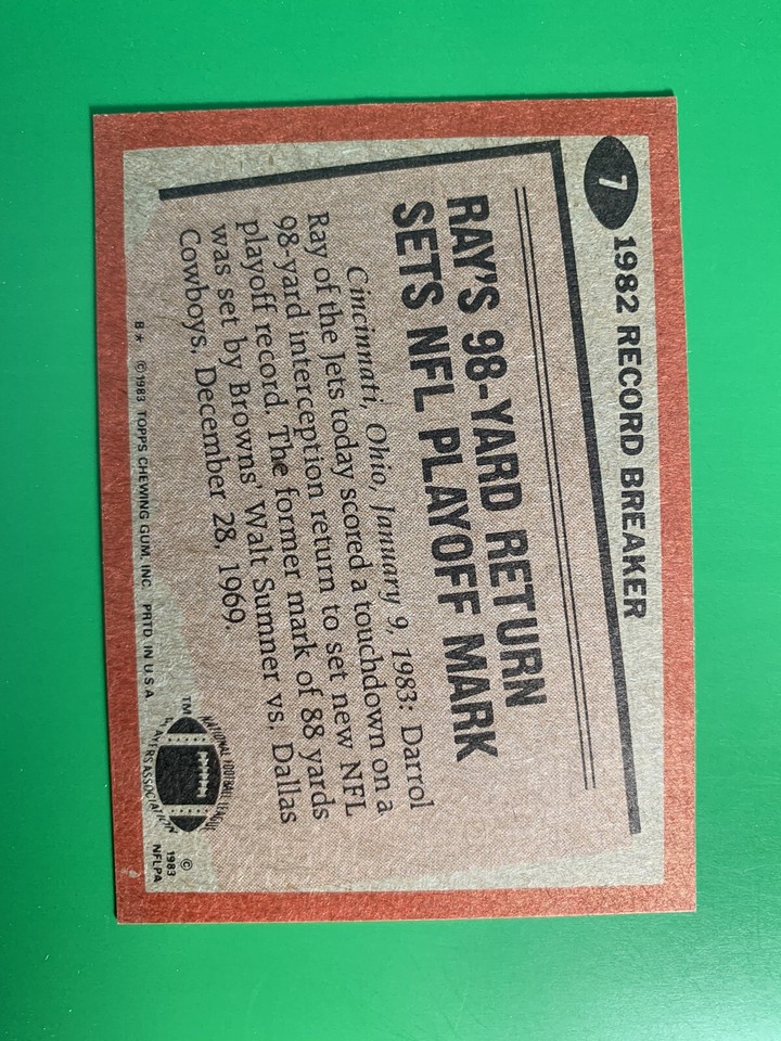 1983 Topps Darrol Ray RB Longest Int Return #7 New York Jets | eBay