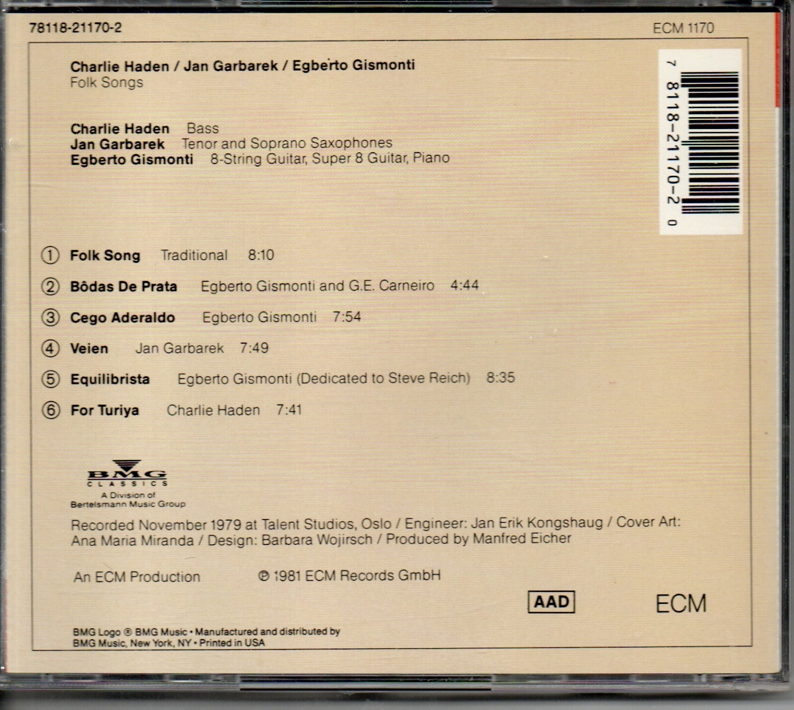 Charlie Haden/Jan Garbarek/Egberto Gismonti FOLK SONGS (C3132) | eBay