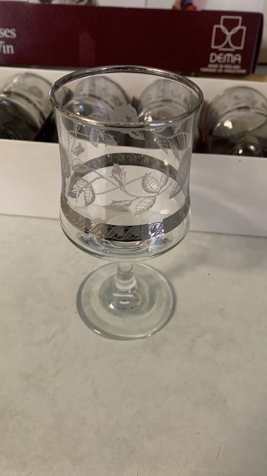 VINTAGE Silver Banded, Rose Etched, Wine Glasses X6 England By Dema ...