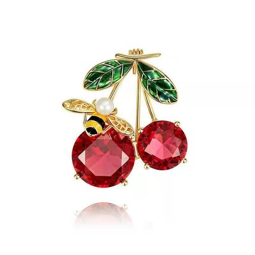 Red Cherry Gold Tone Bumble Bee Crystal Brooch Pin Insect Vintage Look ...