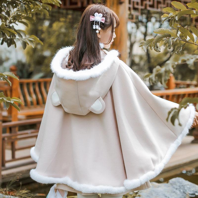 Lady Hooded Cape Chinese Hanfu Frog Button Fluffy Cloak Shawl Poncho ...