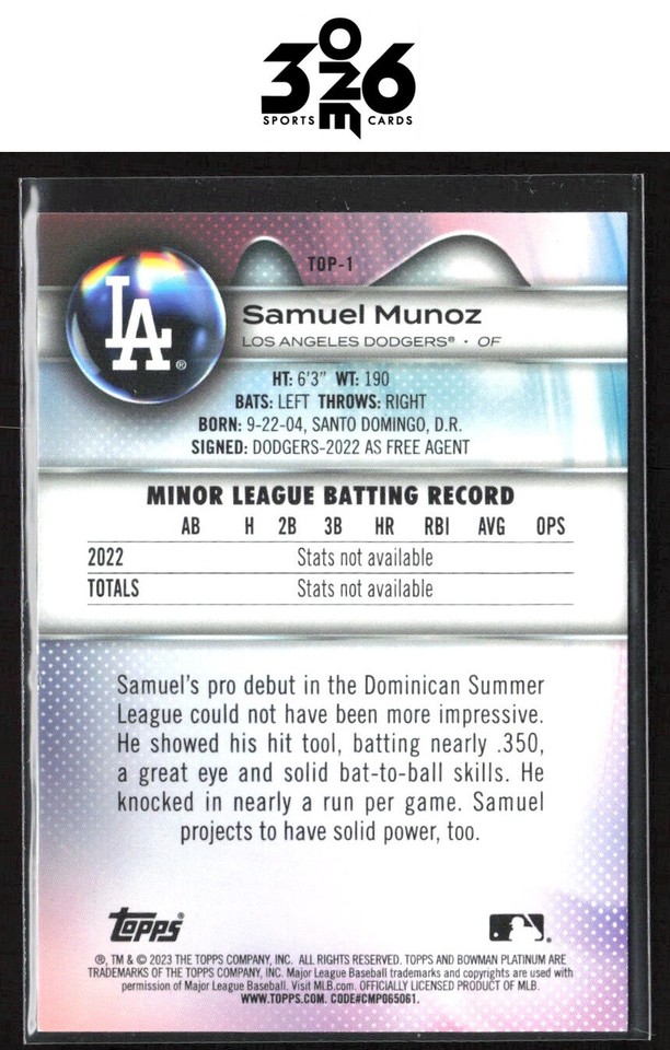 Samuel Munoz 2023 Bowman Platinum Top Prospects Pink Ice Foil #TOP-1 ...